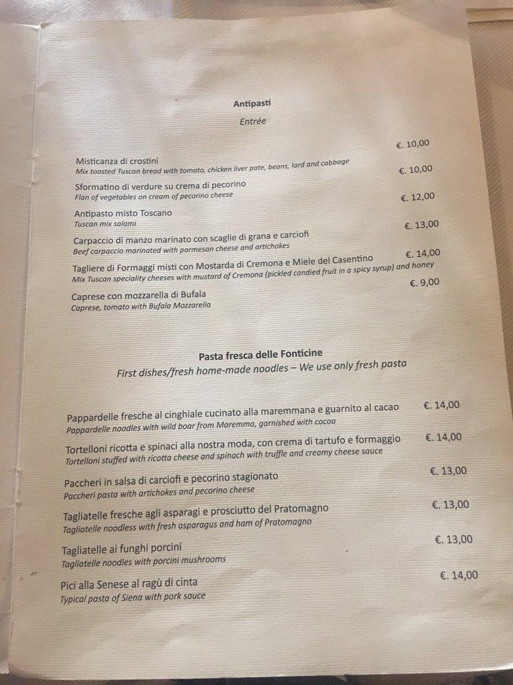 Menu da Le Fonticine ristorante, Firenze