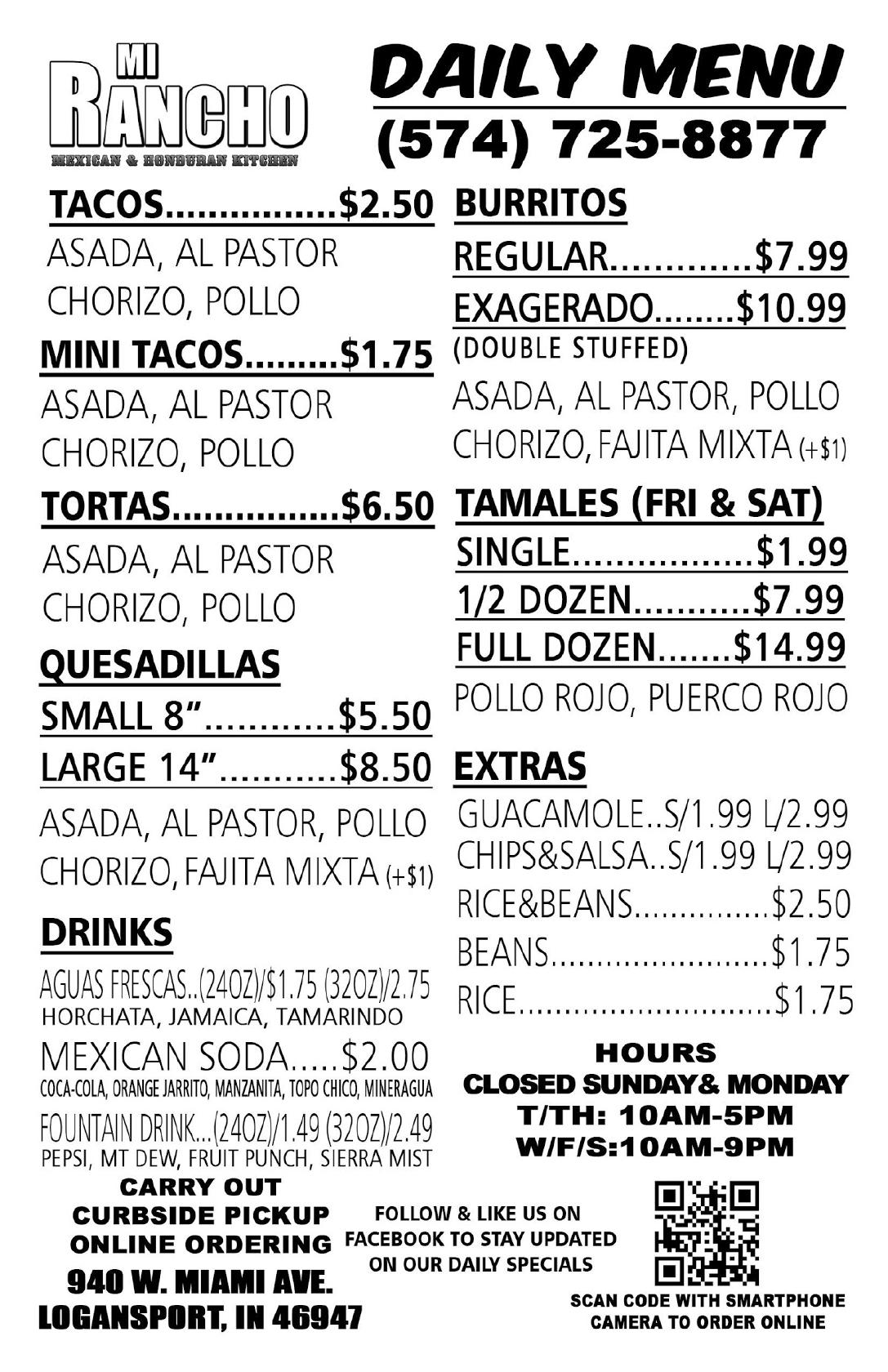 Menu at Mi Rancho restaurant, Logansport