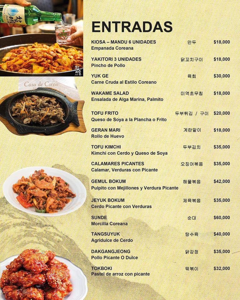 Menu at Restaurante Casa de Corea, Bogotá