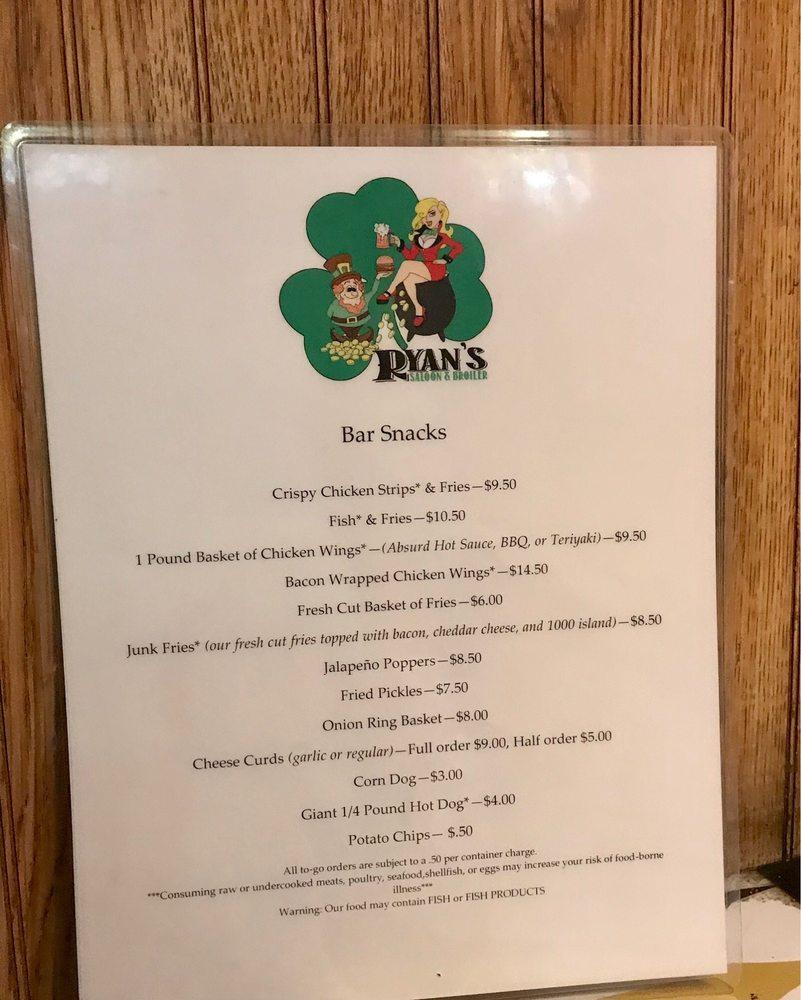 Menu at Ryan's Saloon & Broiler pub & bar, Reno