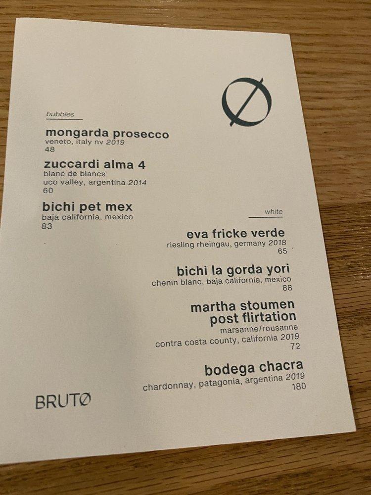 Menu at BRUTO cafe, Denver