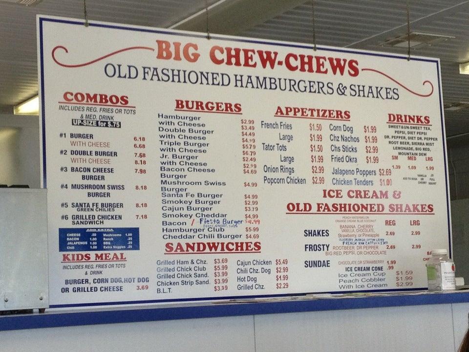Menu at Big Chew Chew's Burgers restaurant, Temple