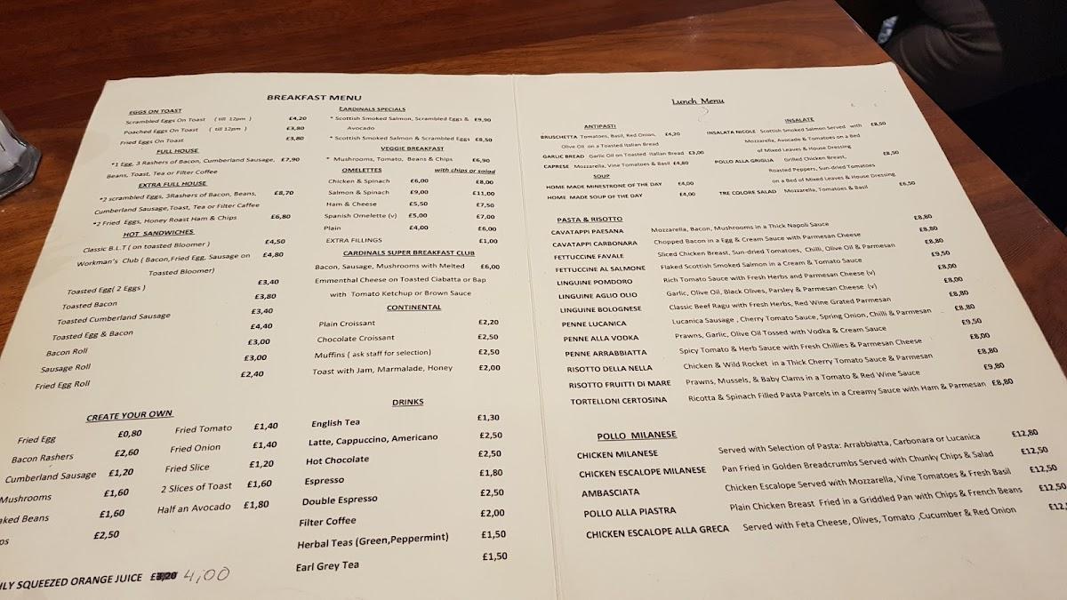 Menu at Cardinals of Mayfair restaurant, London