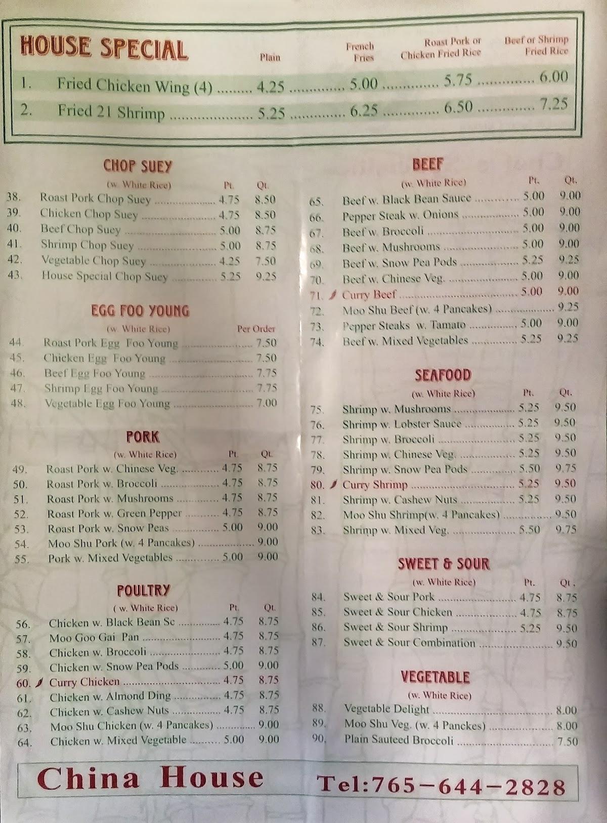 Menu at China House restaurant, Anderson, S Scatterfield Rd