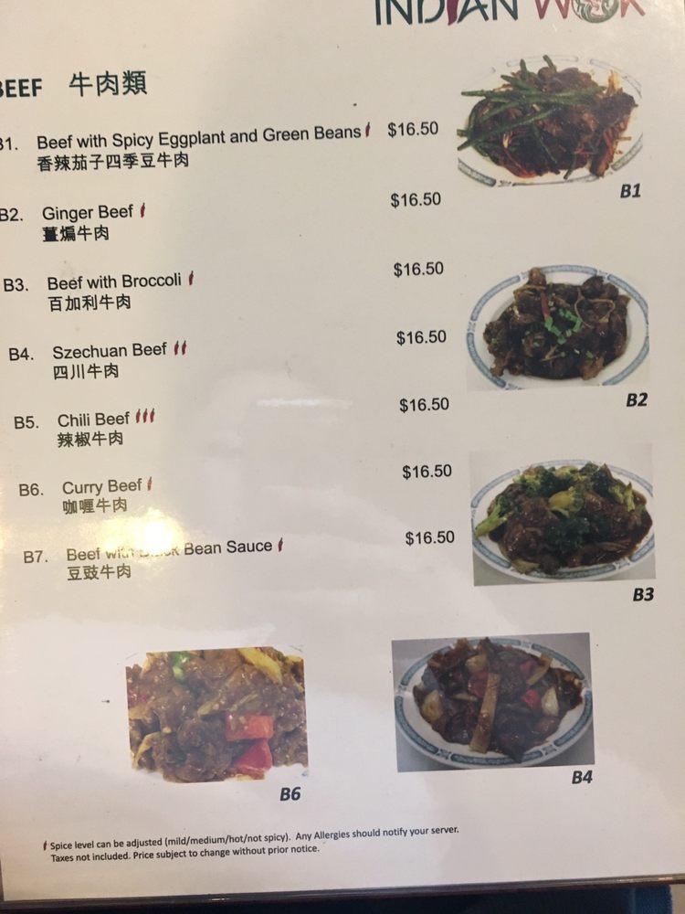 Menu at Indian Wok restaurant, Burnaby