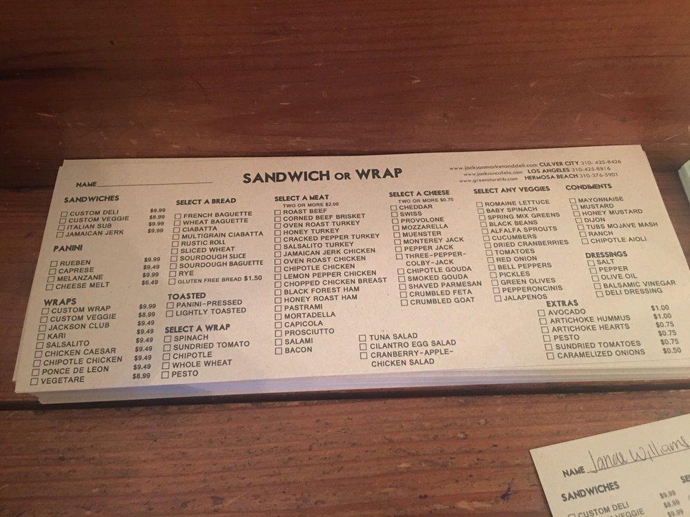 Menu at Jackson Market and Deli restaurant, Culver City