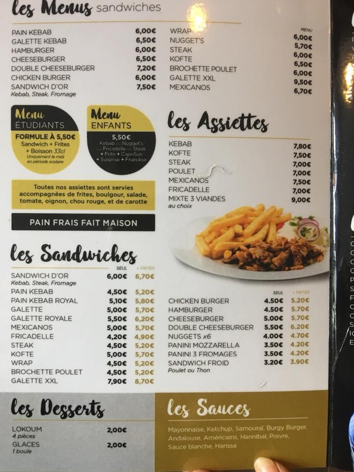 Menu au Kebab D'or restaurant, Béthune
