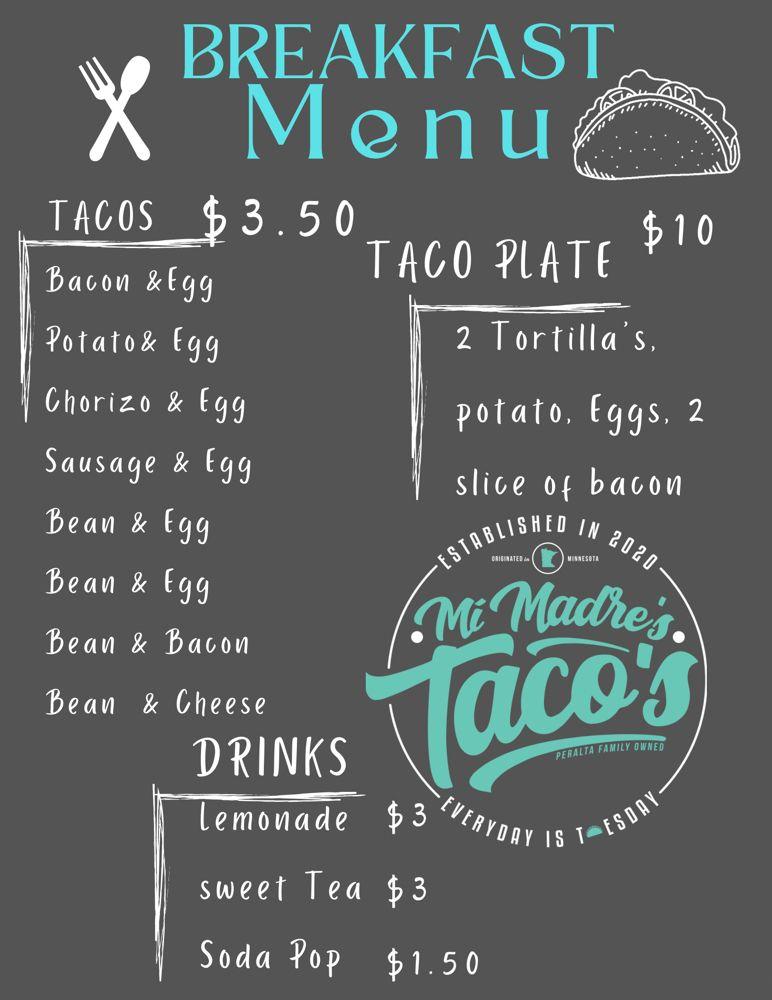 Menu at Mí Madre’s Taco’s, Thief River Falls