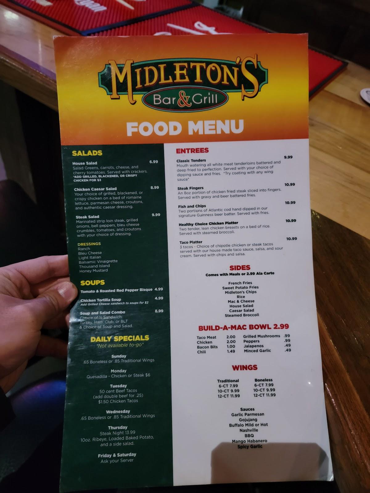 Menu at Midleton’s Bar and Grill, Tulsa