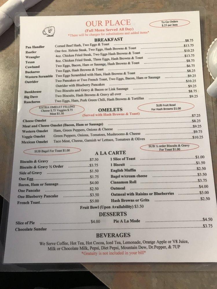 Menu at Our Place cafe, Cody