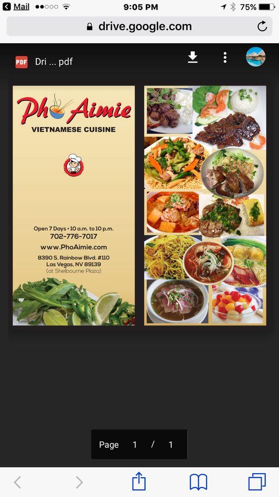 Menu at Pho Aimie restaurant, Las Vegas, S Rainbow Blvd #110