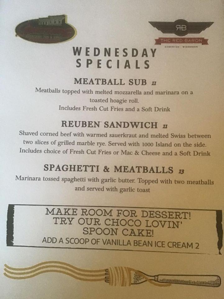 Menu at Red Baron Tavern, Edgerton