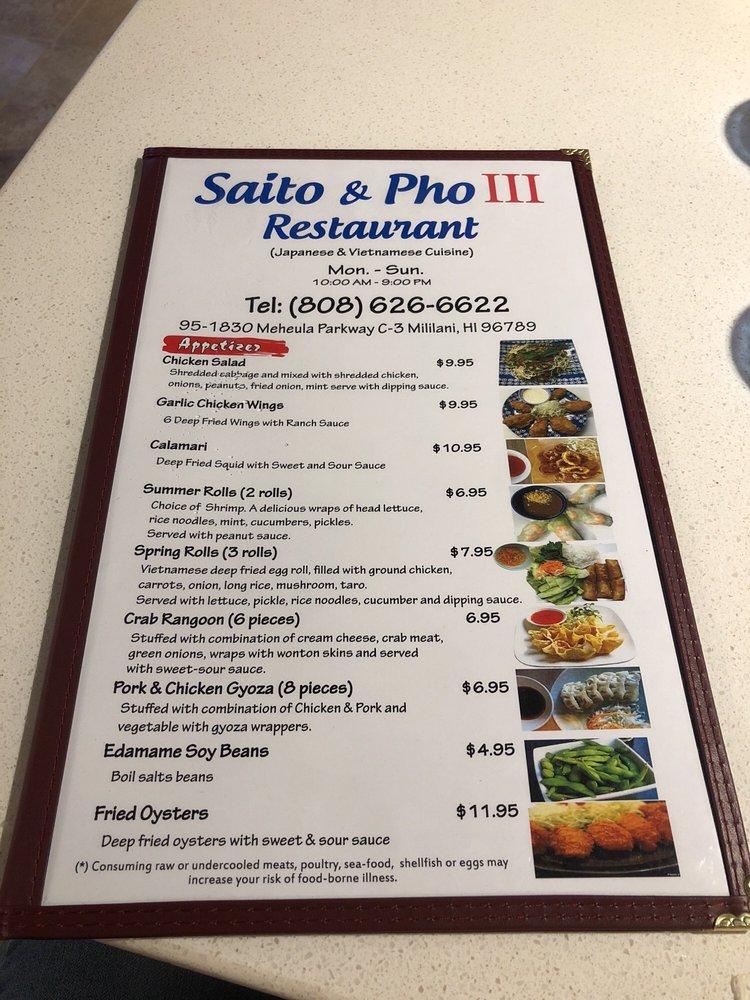 Menu at Saito & Pho III restaurant, Mililani