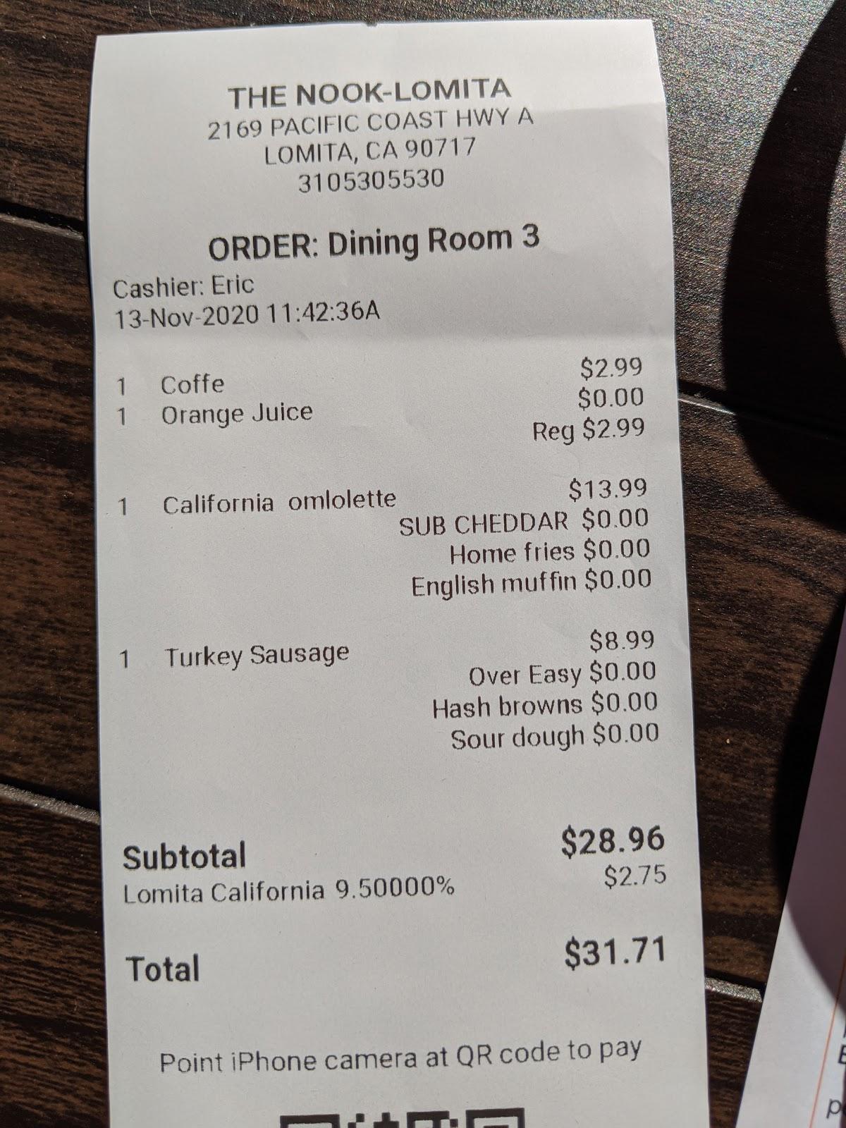Menu at The Nook Breakfast Spot restaurant, Lomita