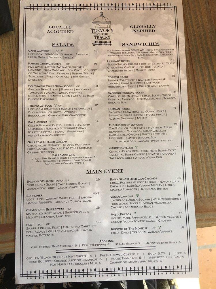 Menu at Trevor's at the Tracks pub & bar, San Juan Capistrano