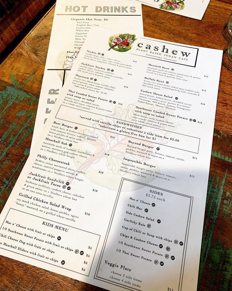 Menu at Cashew restaurant, Chattanooga, 149 River St