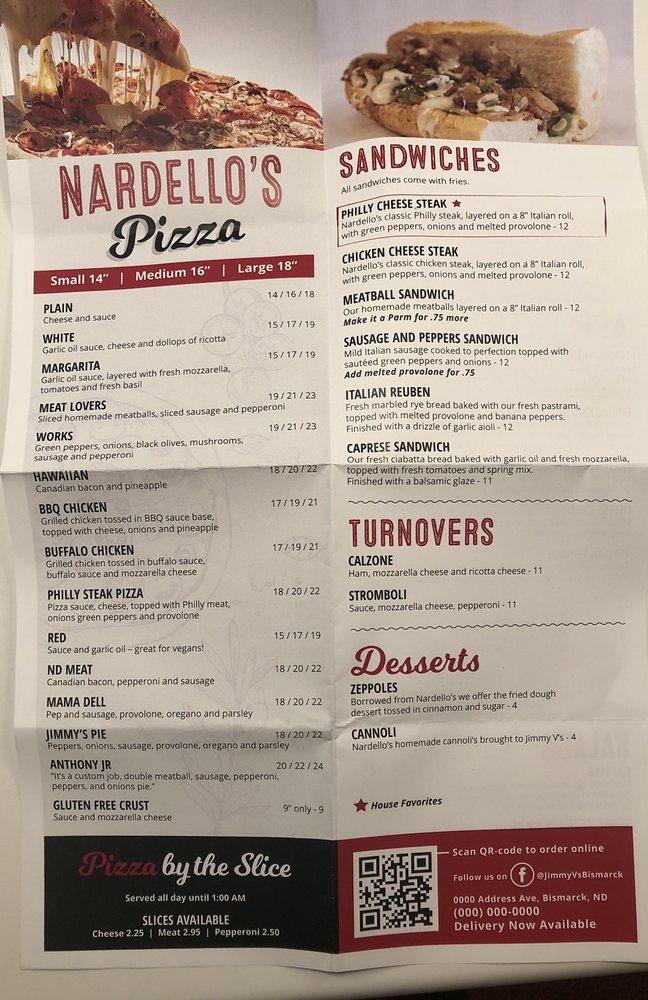 Menu at Jimmy V's pub & bar, Bismarck