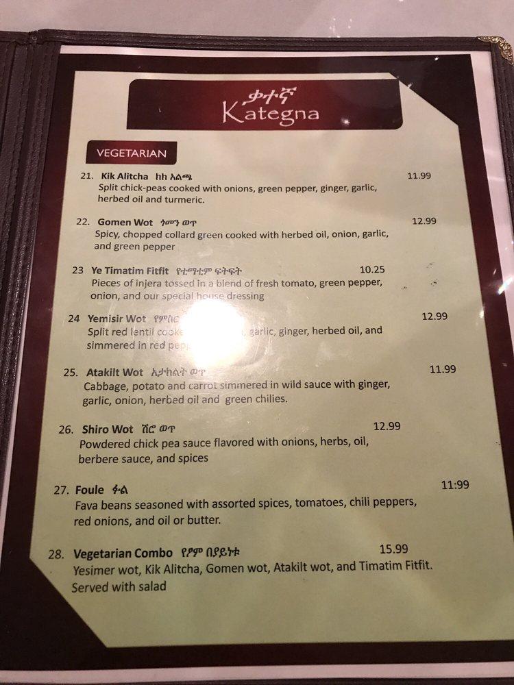 Carta de Kategna Ethiopian Restaurant, San Jose