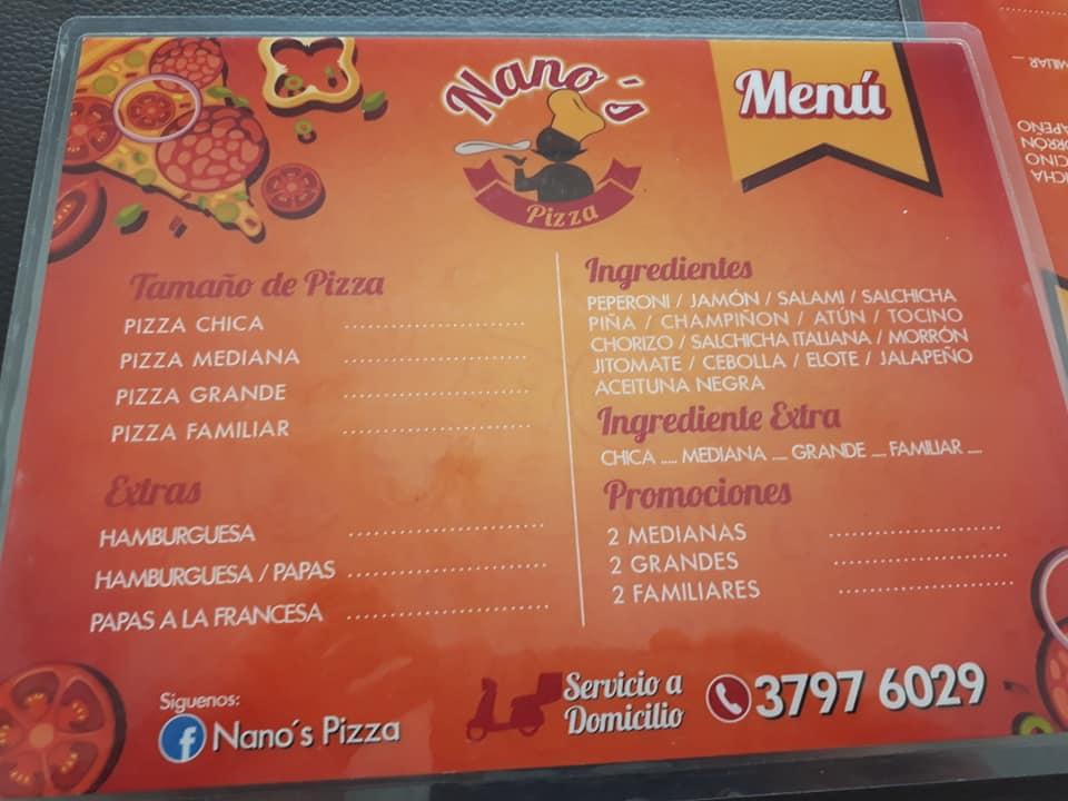 Menu at Nano´s pizza restaurant, Villas de la Hacienda
