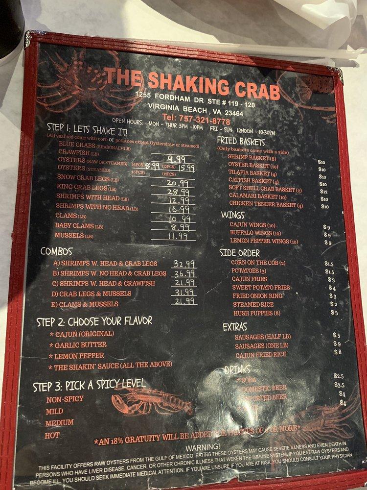 Menu at Shaking Crab restaurant, Virginia Beach