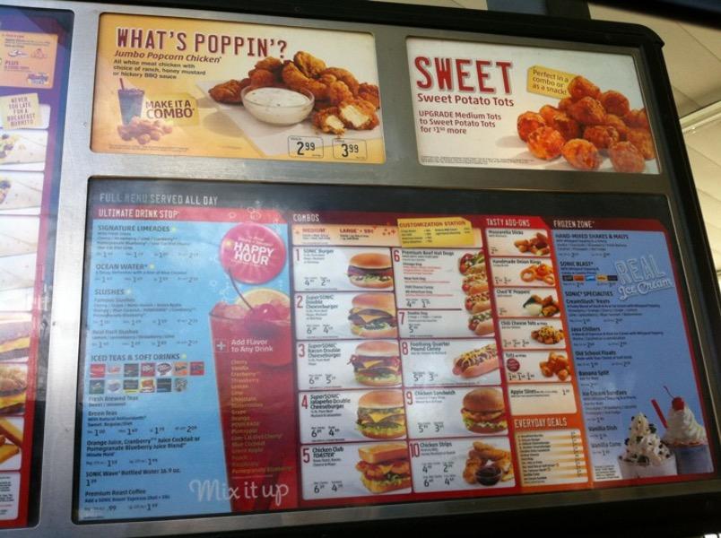 Menu at Sonic Drive-In fast food, San Antonio, Austin Hwy