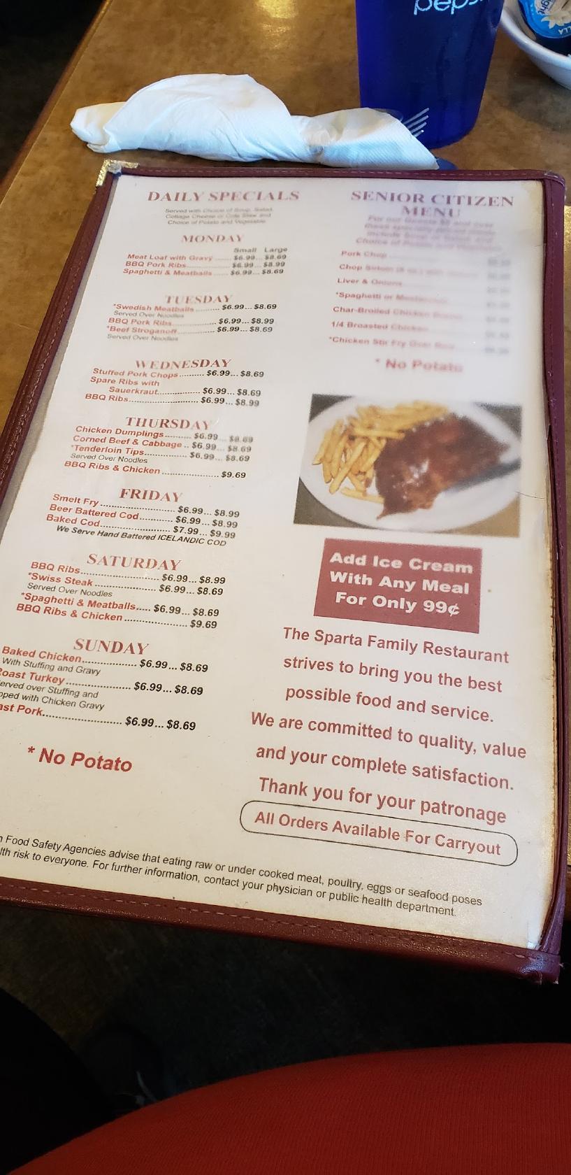 Menu at Sparta Family Restaurant, Sparta