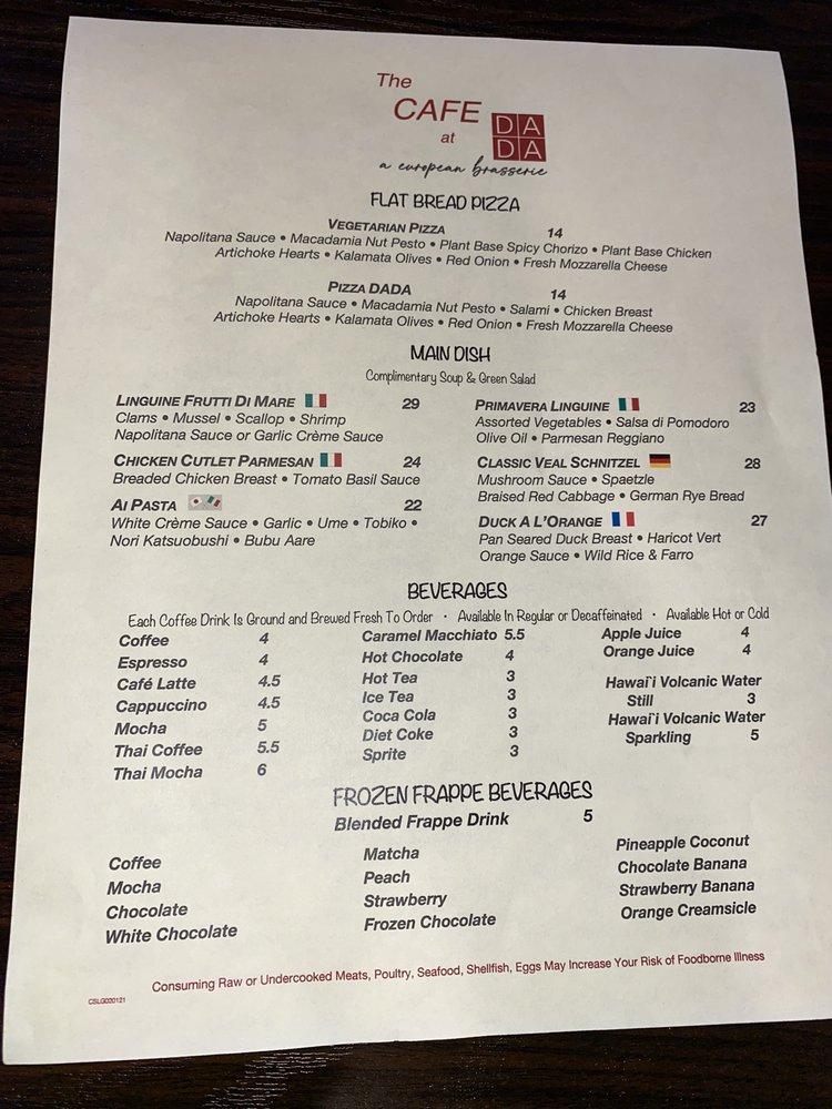 Menu at The Café at DaDa cafe, Honolulu