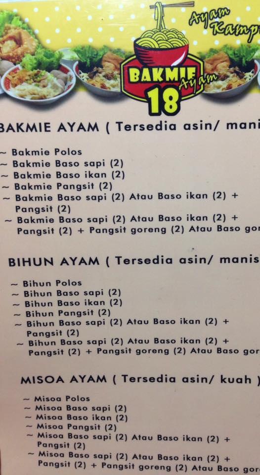 Menu at Bakmi Ayam 18 cafe, Bandung