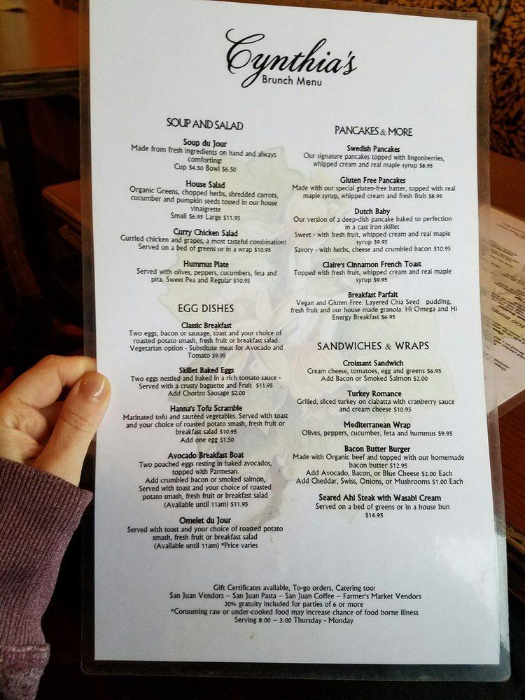 Menu at Cynthia's restaurant, Friday Harbor, 65 Nichols St