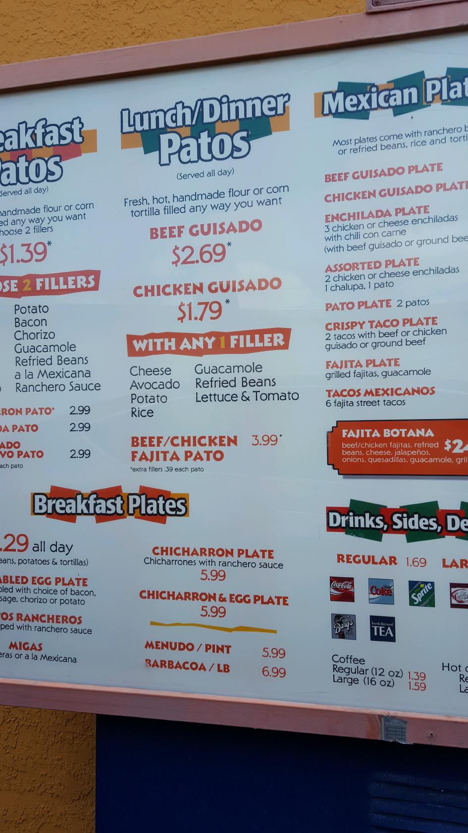 Menu at El Pato Mexican Food restaurant, Pharr, 707 W U.S. Hwy 83