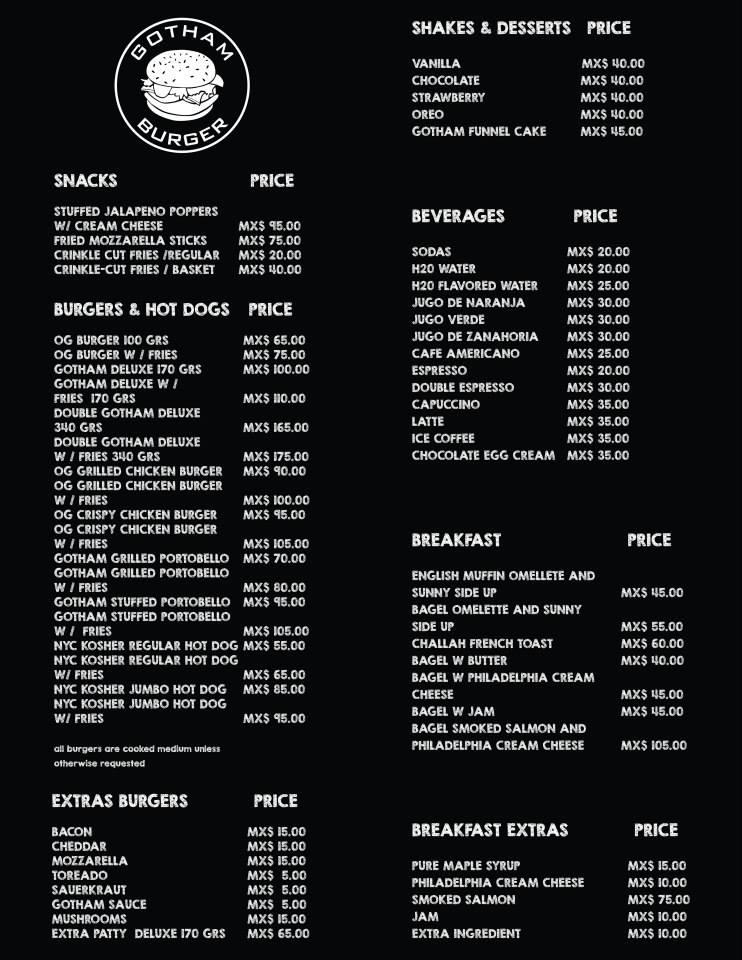 Menu at Gotham Grille restaurant, Playa del Carmen