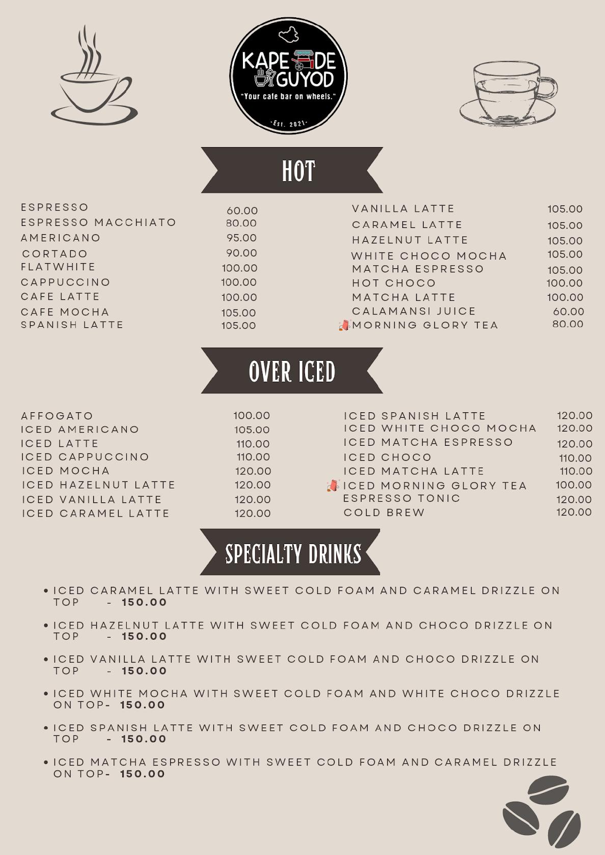 Menu at Kape de Guyod cafe, San Juan, In front of Monkey Business