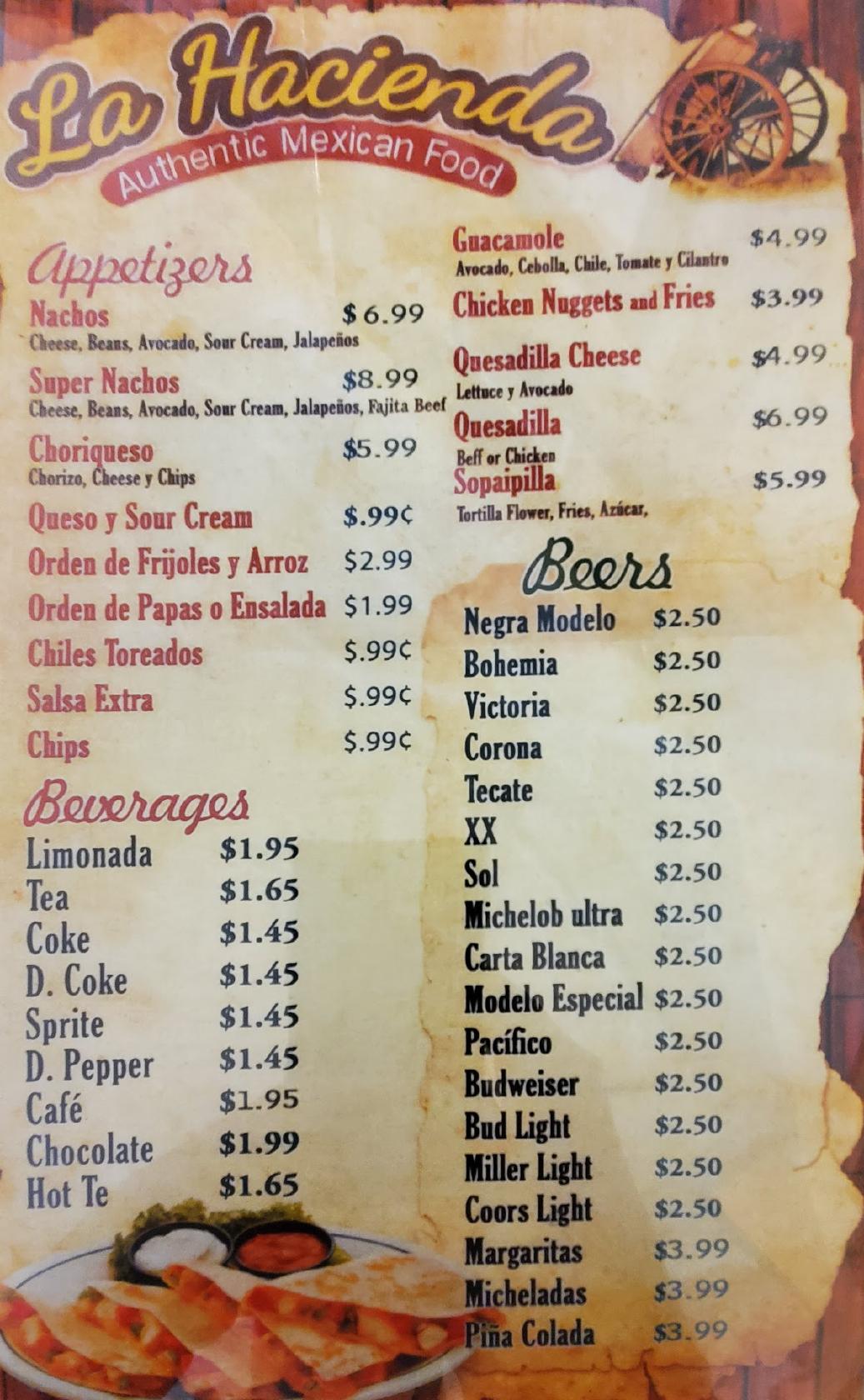 Menu at La Hacienda restaurant, Del Rio, 330 Pecan St