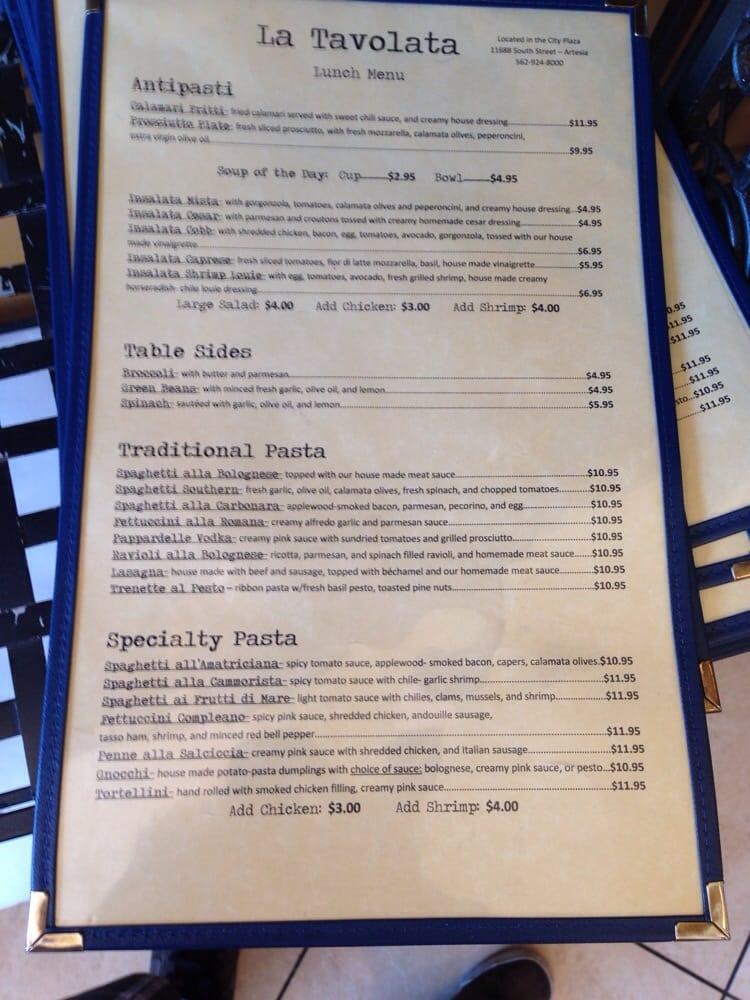 Menu at La Tavolata restaurant, Artesia