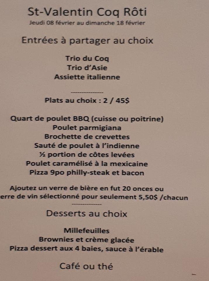 Menu au Le Coq Rôti pizzeria, Dolbeau-Mistassini