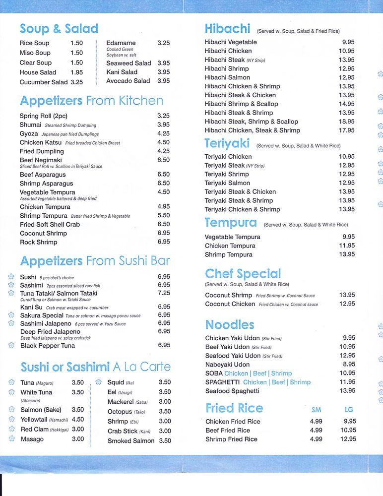 Menu at Sakura restaurant, Moyock