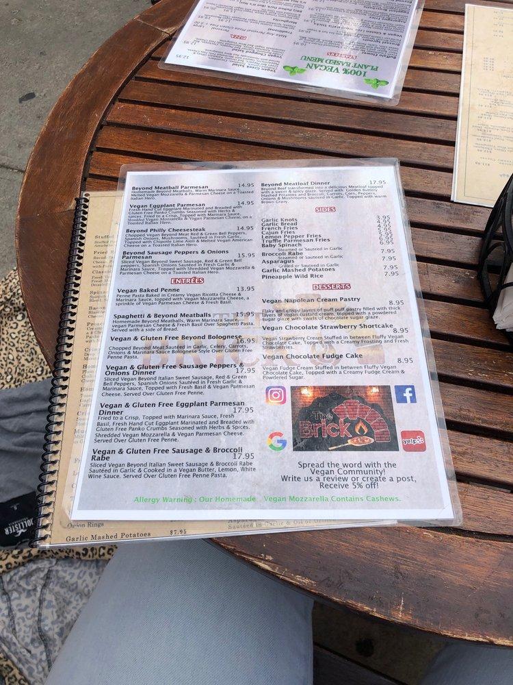Menu at The Brick pizzeria, Hoboken