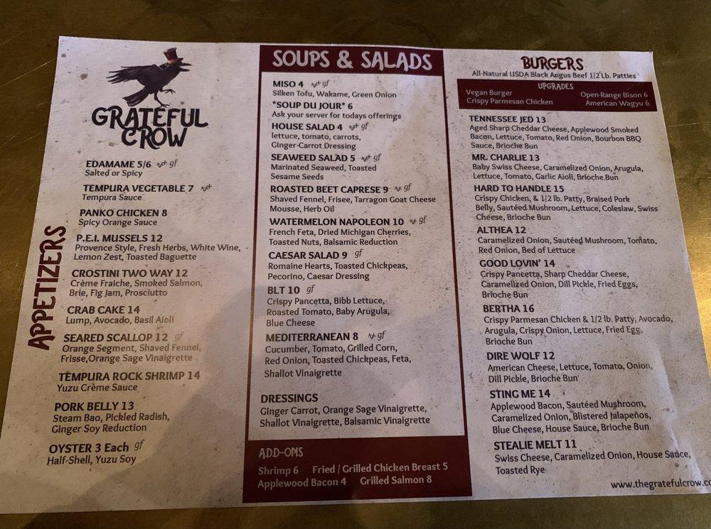 Menu at The Grateful Crow restaurant, Chelsea