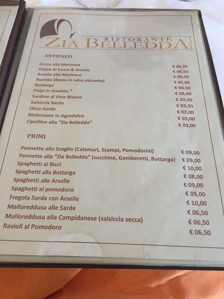 Menu da Zia Belledda ristorante, Cabras