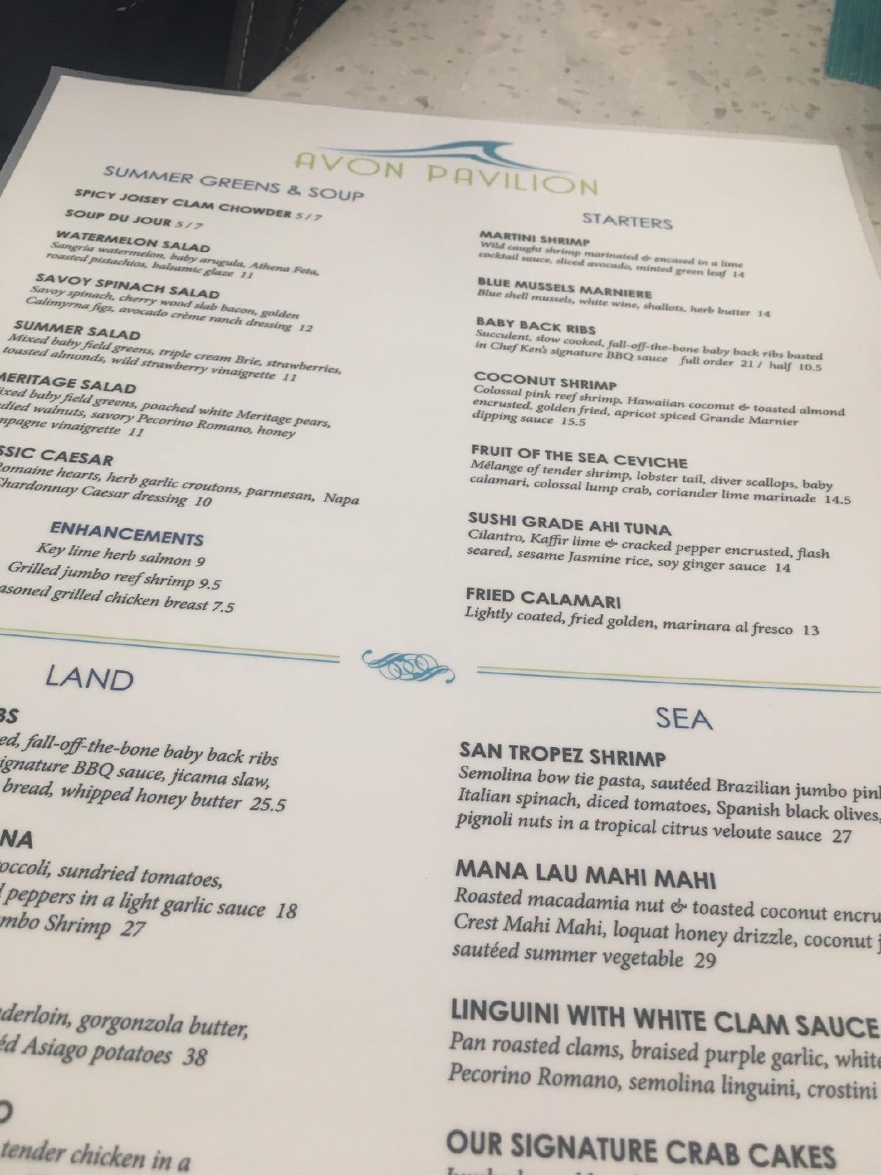 Menu at Avon Pavilion restaurant, Avon-by-the-Sea