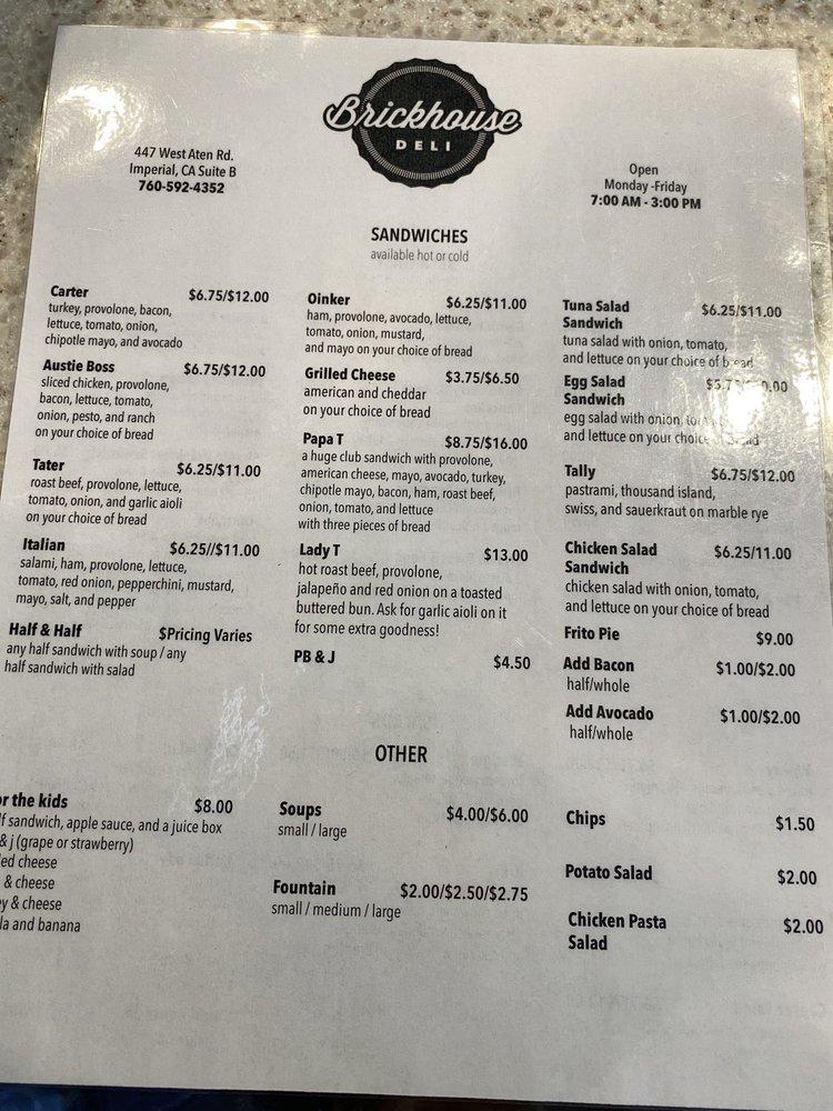 Menu at Brickhouse deli restaurant, Imperial