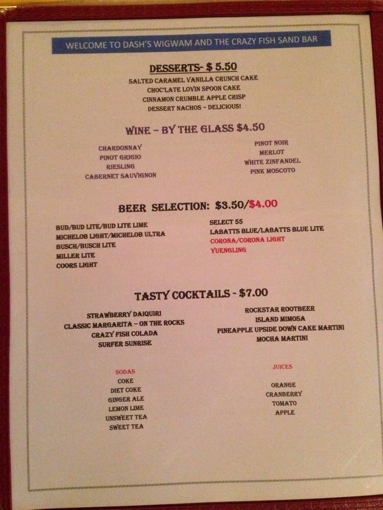 Menu at Kyle's Wigwam pub & bar, USA