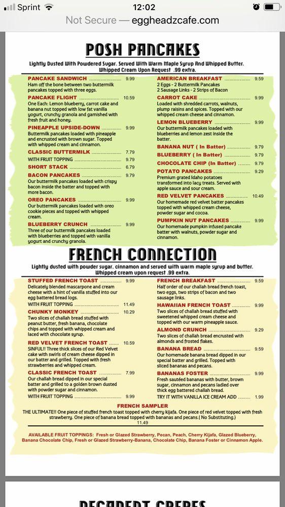 Menu at Eggheadz Cafe, Tinley Park
