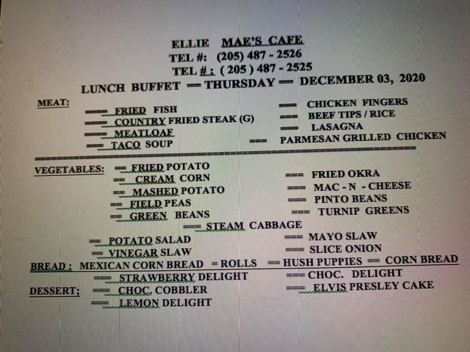 Menu at Ellie Mae's Cafe, Winfield