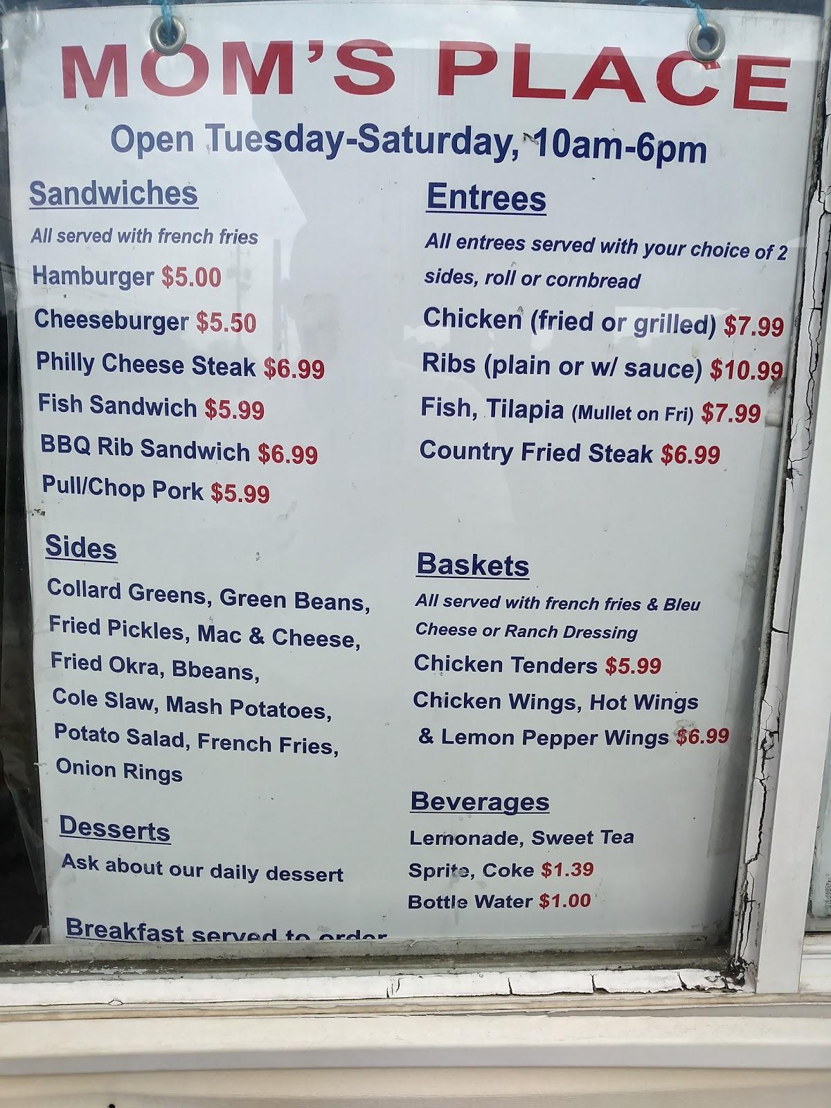 Menu at Moms Place restaurant, Cantonment, 623 Hwy 95A N