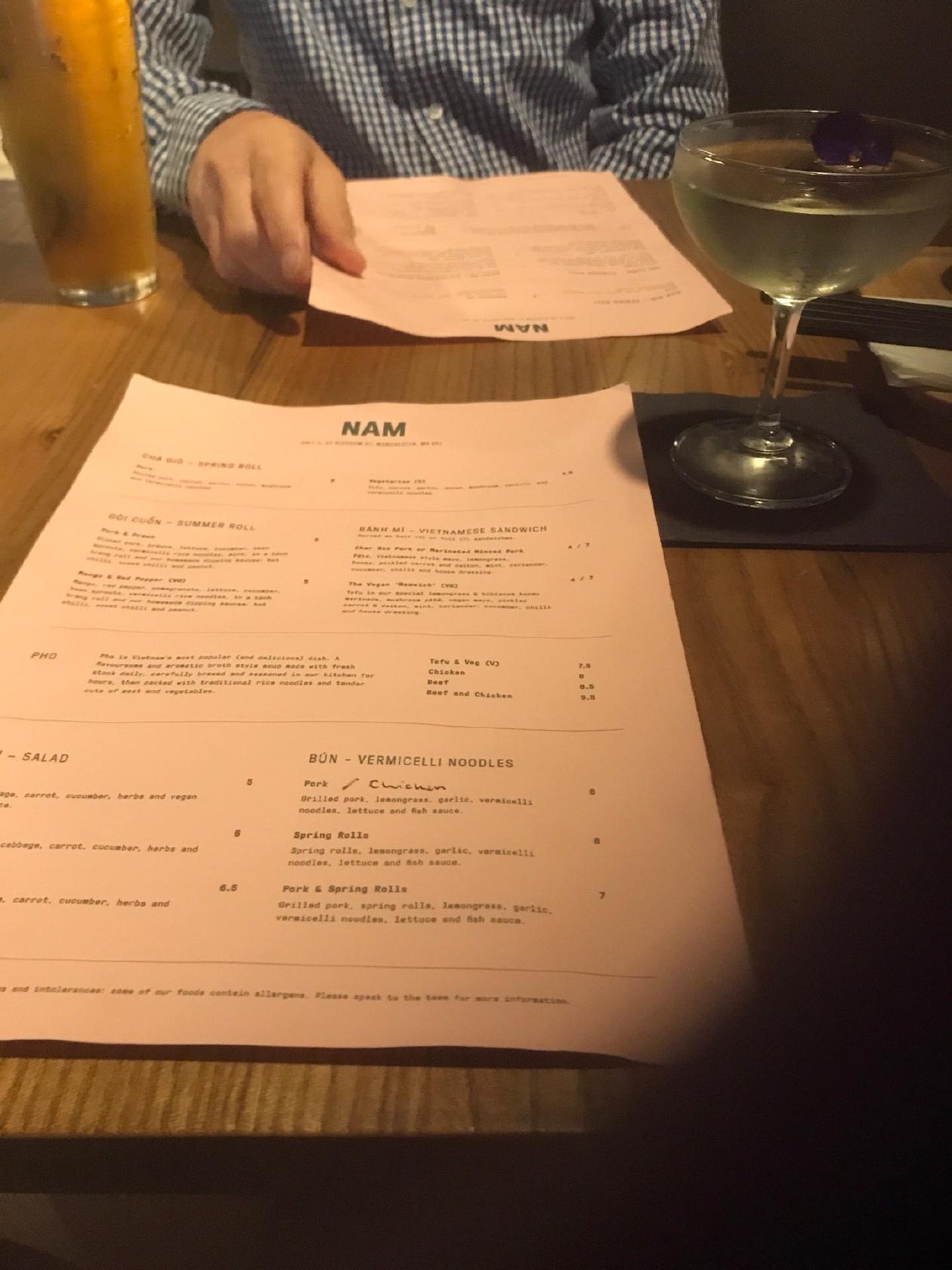 Menu at Nam Manchester pub & bar, Manchester