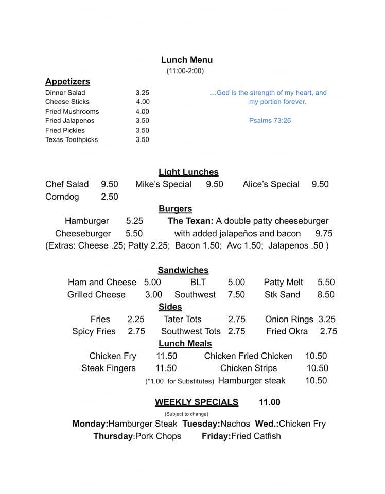 Menu at Ol Joes Cafe LLC, Ackerly