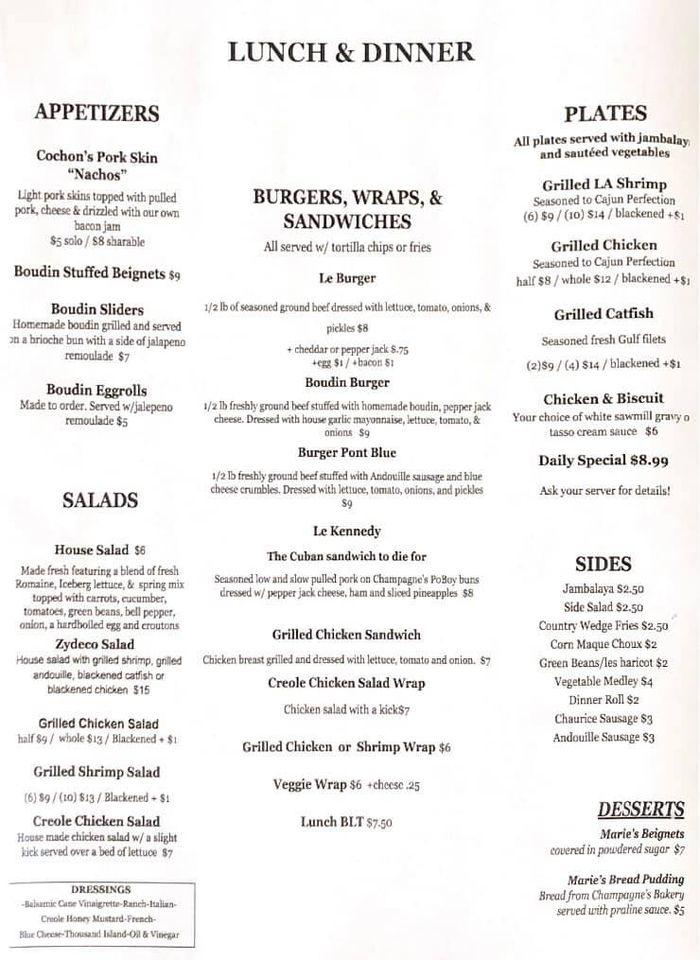Menu at Tante Marie pub & bar, Breaux Bridge