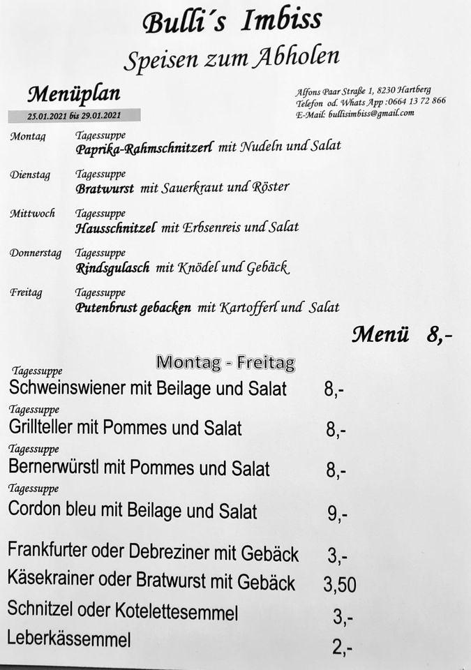 Menu at Bullis Imbiß restaurant, Hartberg