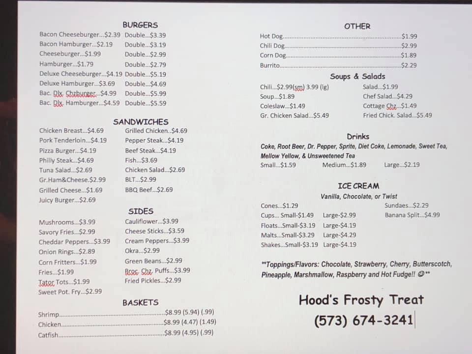 Menu at Hood's Frosty Treat restaurant, Licking